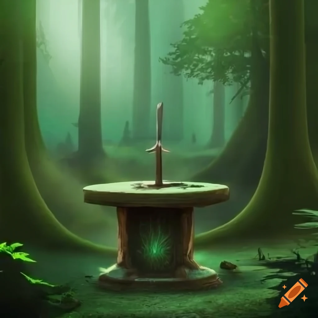 A clearing in a lush forest with a pedestal with a magical sword on it ...