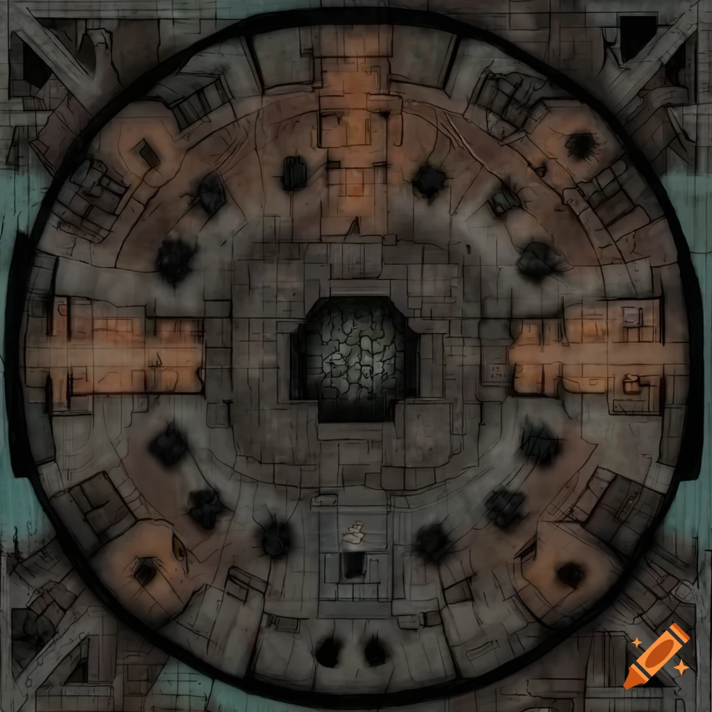 Rpg map of a vast round dark fantasy laboratory with multiple ...