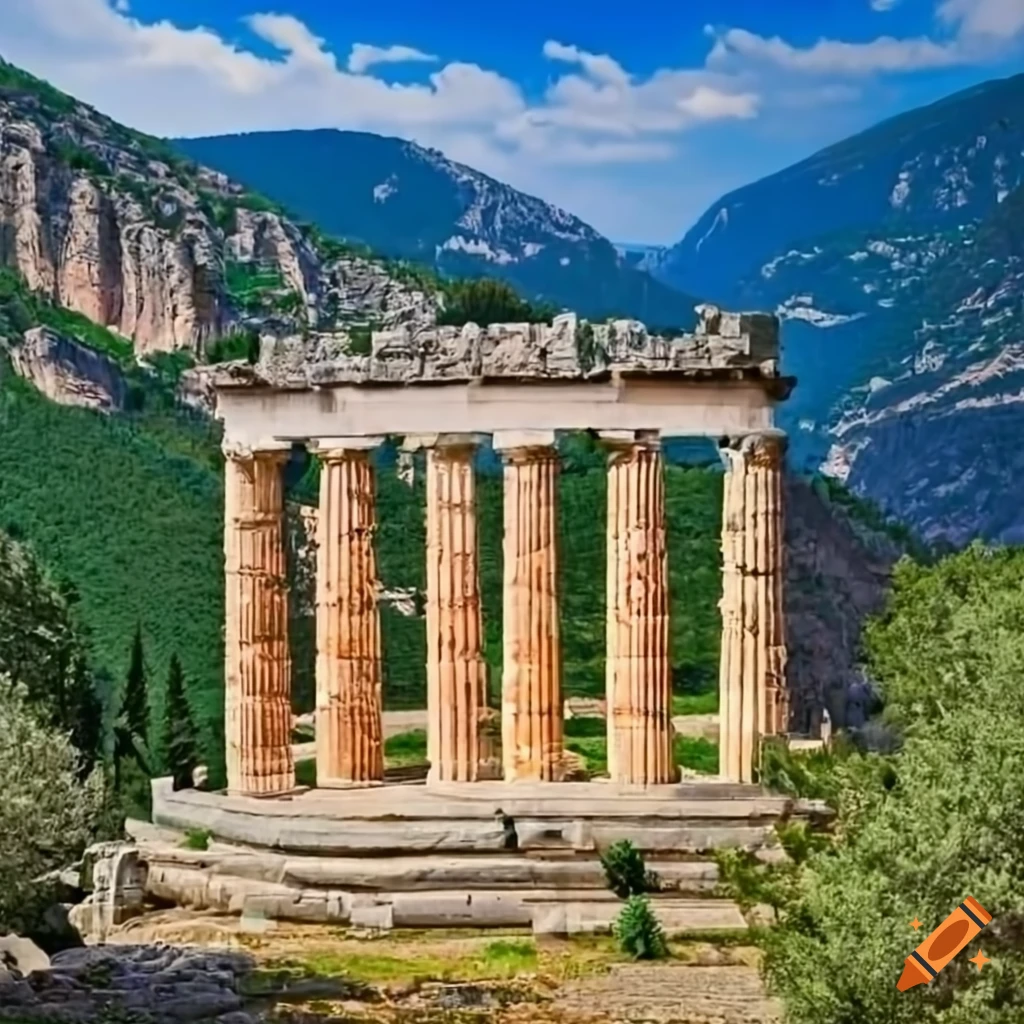 The ancient delphi temple ruins in greece in spring