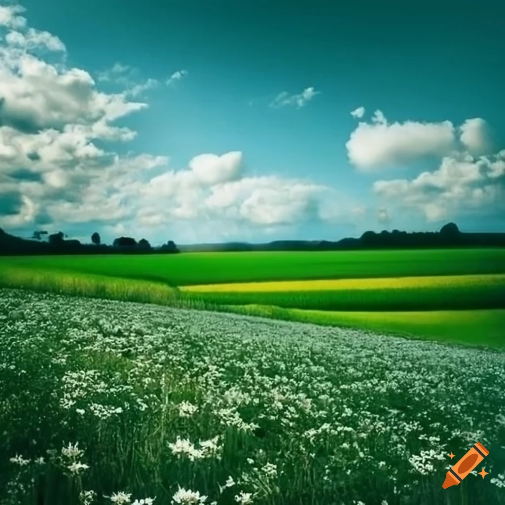 Deep bluesky, white small clouds, landscape, green fields, small flowers