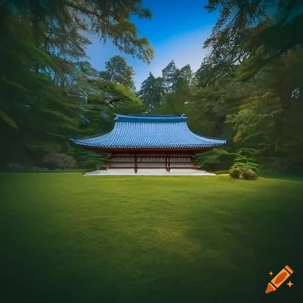 A small Japanese dojo in a forest with a blue roof and paper walls in ...