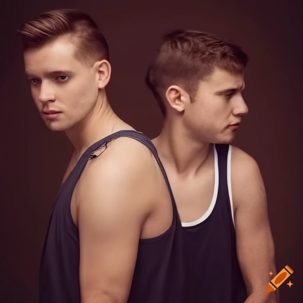 Close-up of two men in tank top with white background vintage style