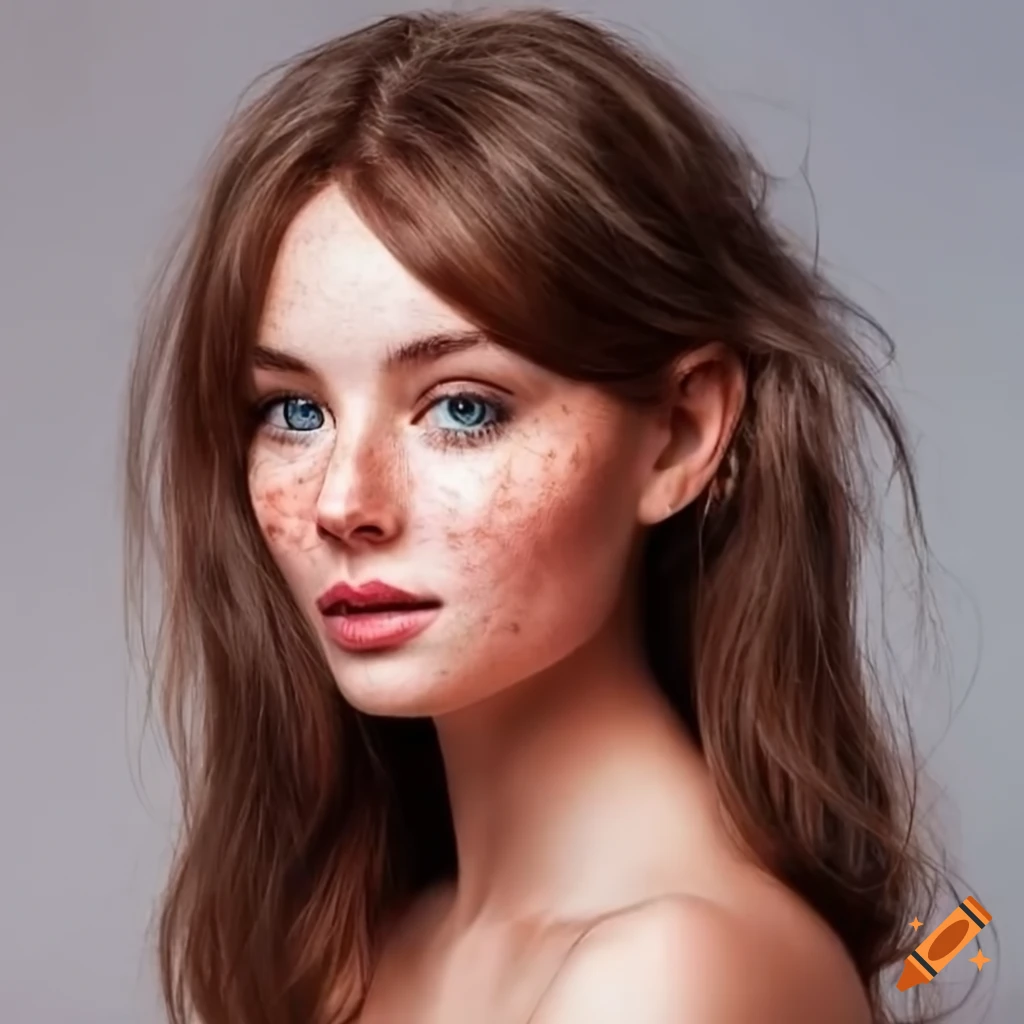 Beautiful young woman shoulder-length hair very light freckles