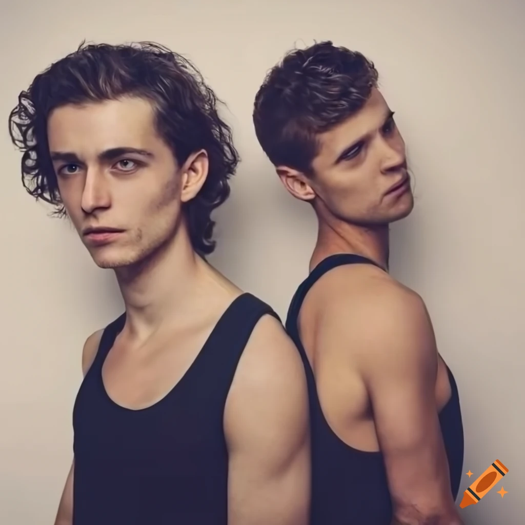 Close-up of Two men in tank top with white background vintage style on ...