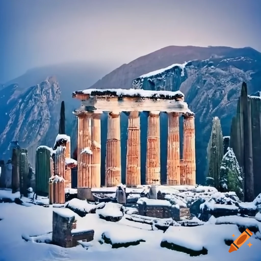 The ancient delphi temple ruins in greece covered in snow