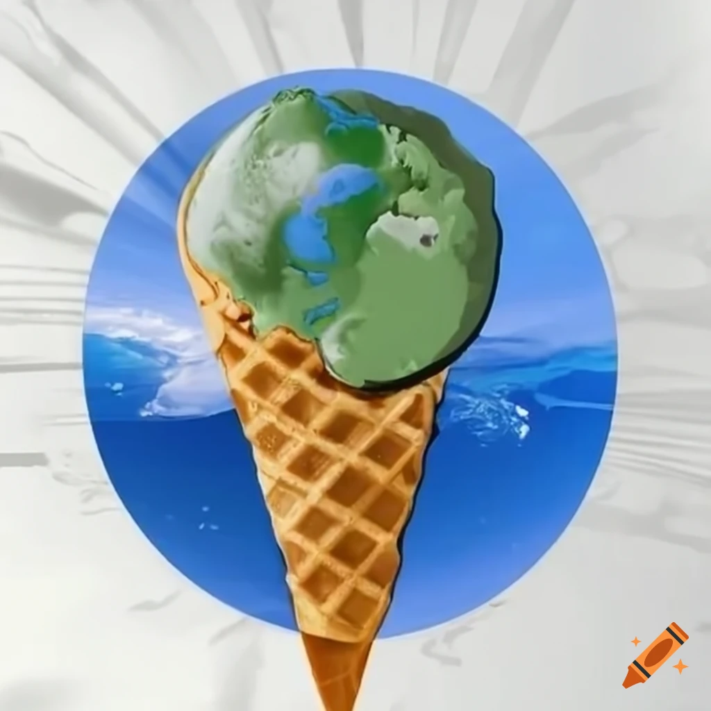 Melting Ice Cream planet earth in a waffle with sunrays on Craiyon
