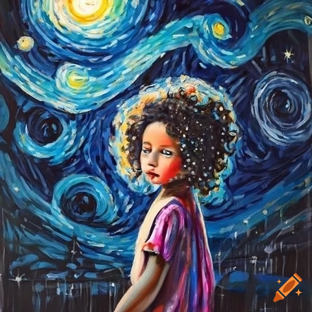 Girl with curly hair in starry night painting on Craiyon