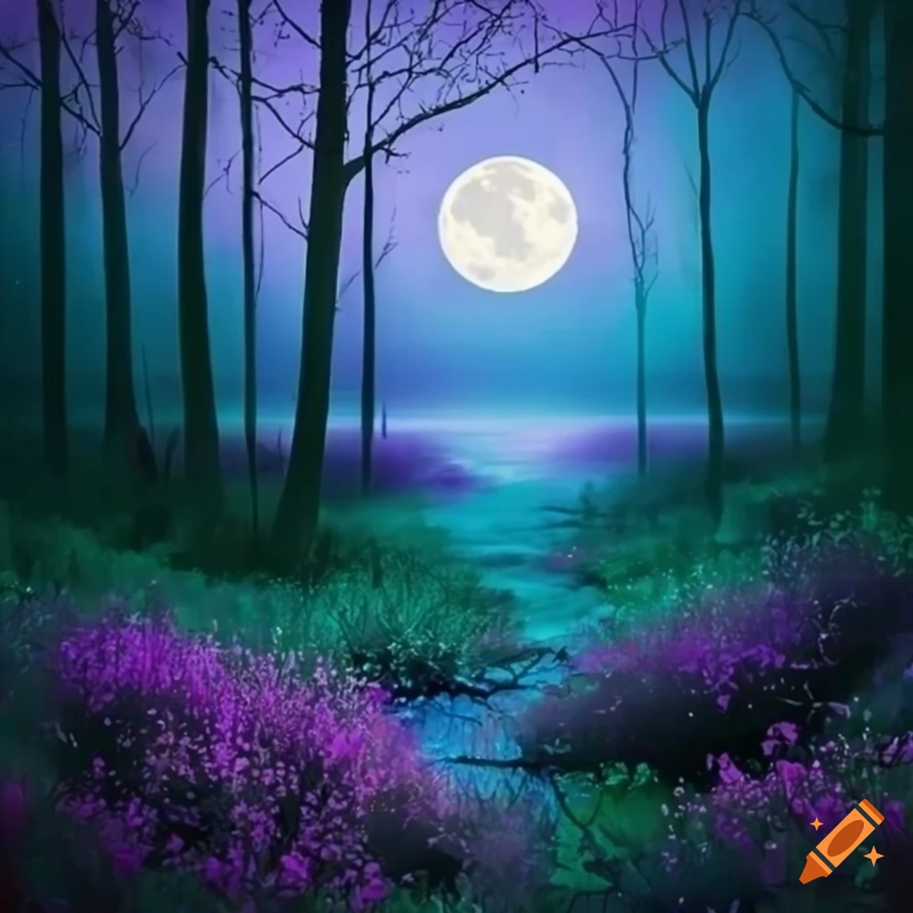 Moonlit forest dark purple flowers greenery blue clearing landscape on ...