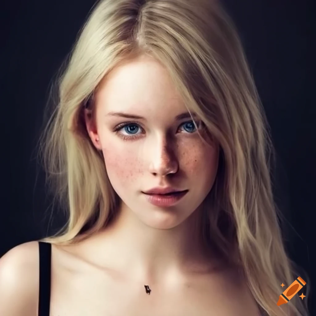 Beautiful young woman shoulder-length blonde hair very light freckles on Craiyon