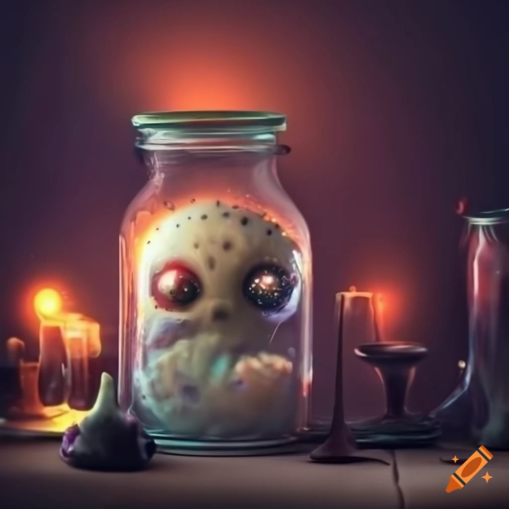 Cute monster,in a jar,close up,laboratory,dark,lights,fantasy art on ...