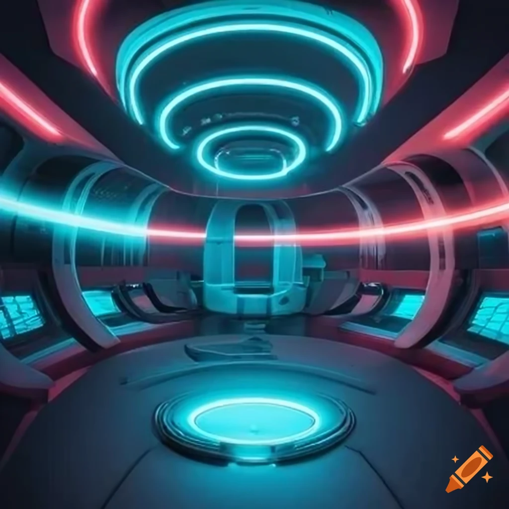 Starship interior workstation; neon lights on Craiyon