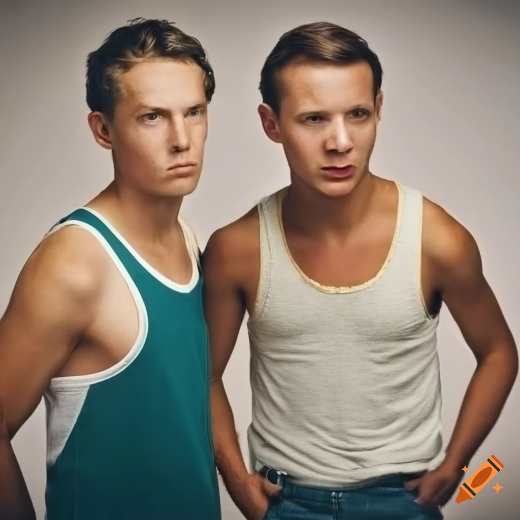 Close-up of Two men in tank top with white background vintage style on ...