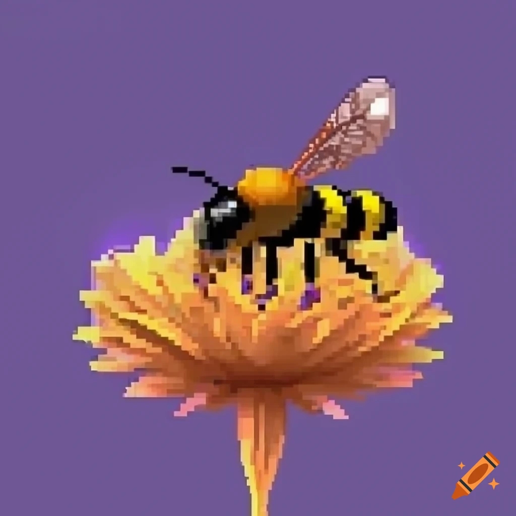 Pixelated bee with a flower, great for wallpapers and games on Craiyon