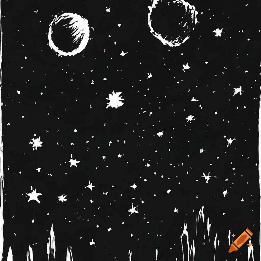 Starry night sky lithograph style inverted black and white on Craiyon