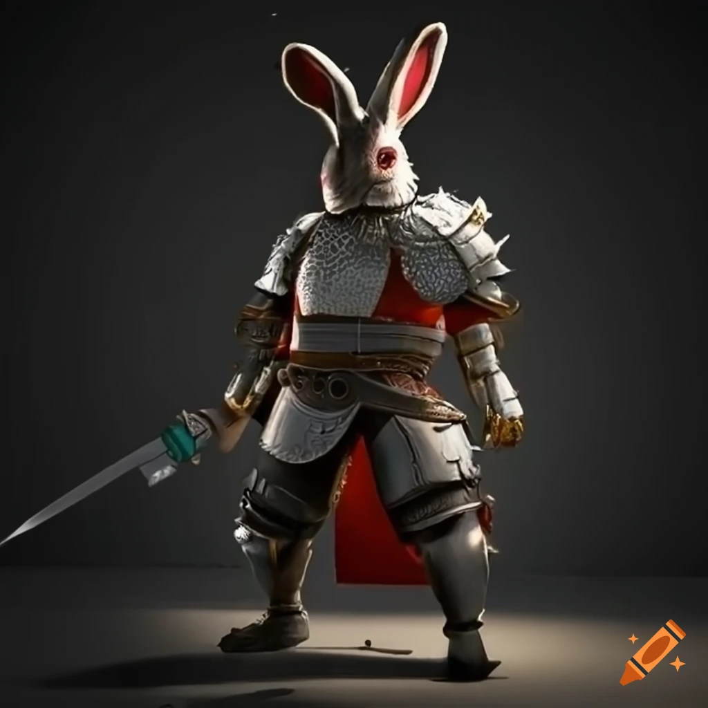 A brave rabbit with armor and a sword on Craiyon