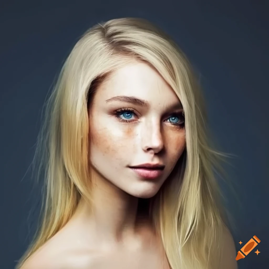 Beautiful young woman shoulder-length blonde hair very light freckles on Craiyon