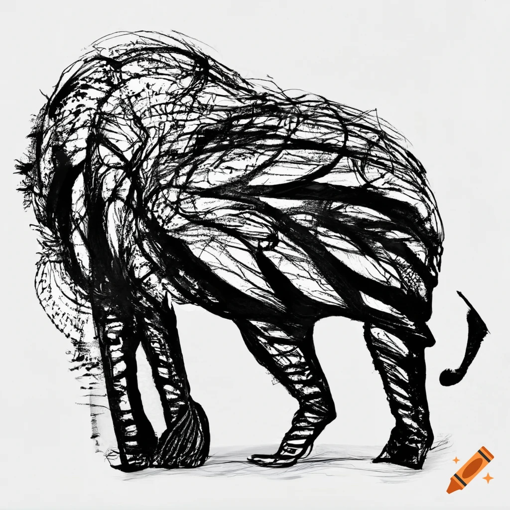 Abstract animal drawn with black ink on white background