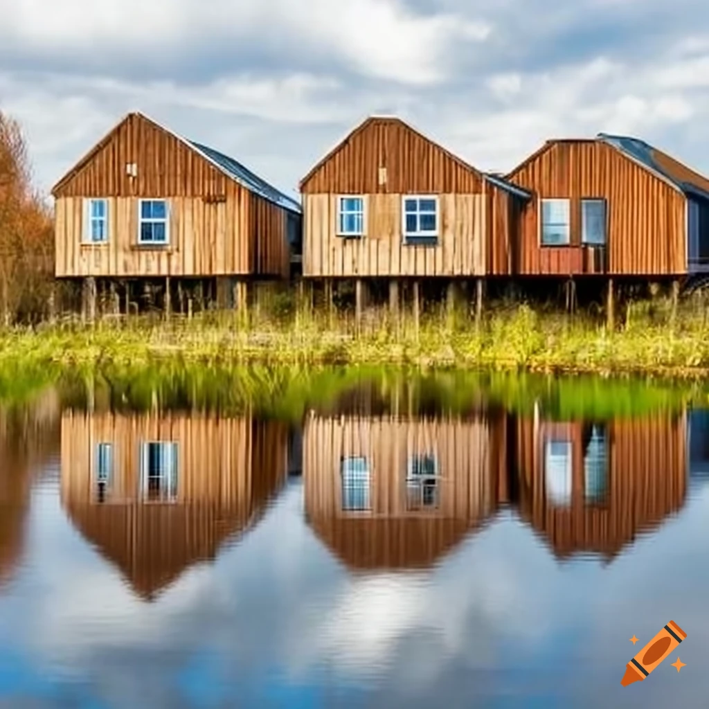Modern timber town houses on stilts in an english wetland in spring