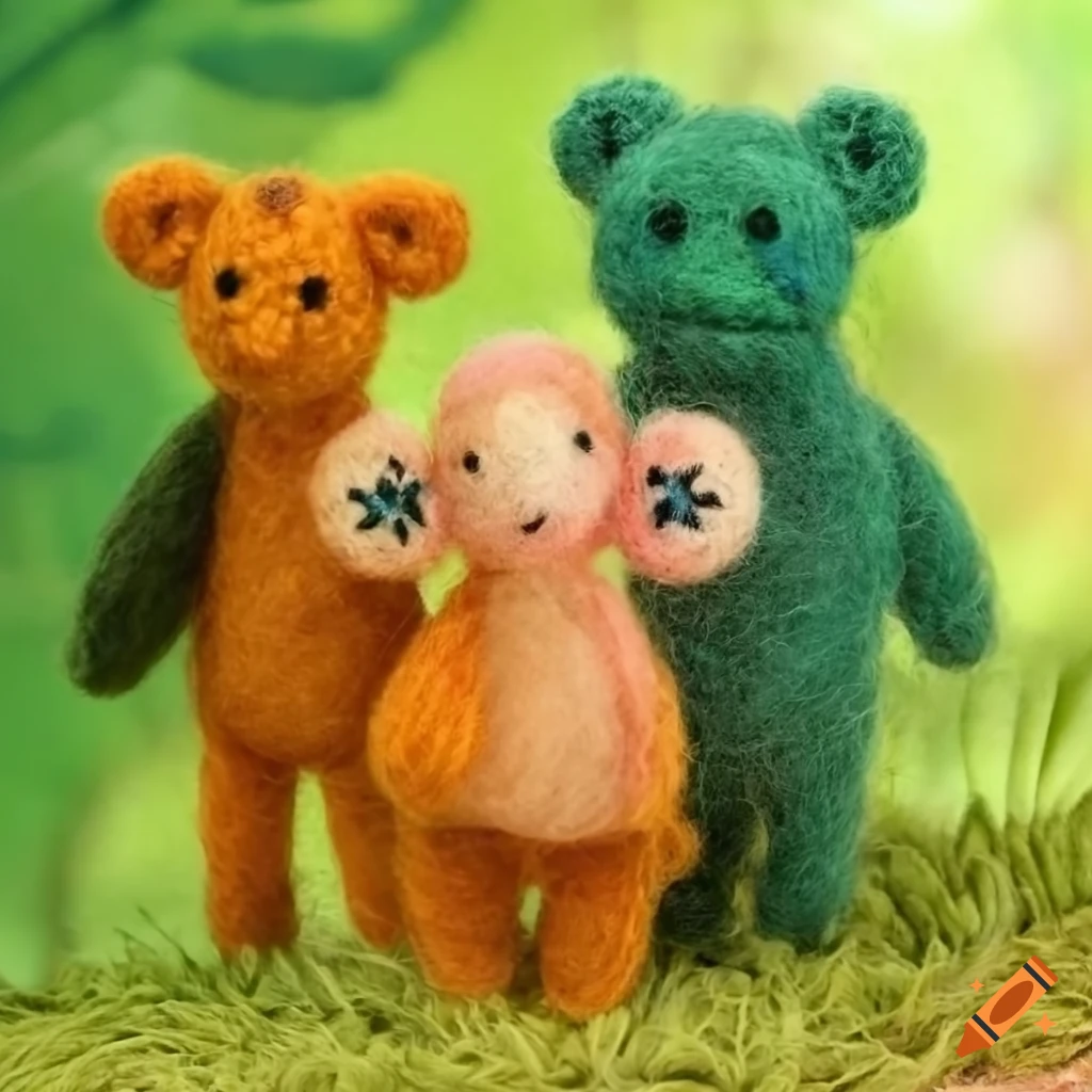 Felted wool jungle creatures with a jungle background