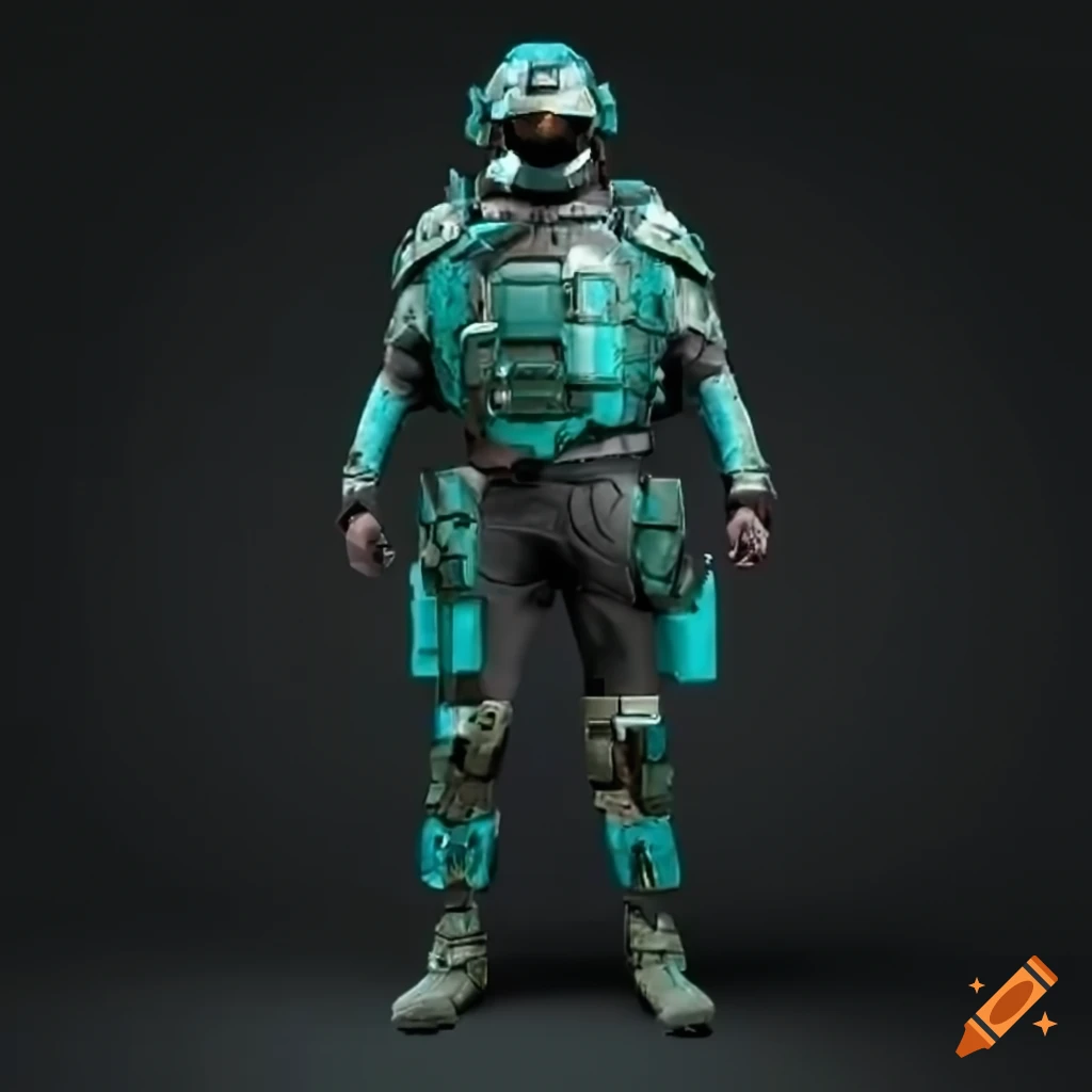 A realistic and detailed soldier, they wear sleek, teal armor with a ...