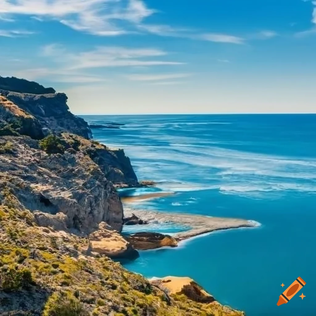 View from the coast of a chaparral with deep water and rocky bluffs