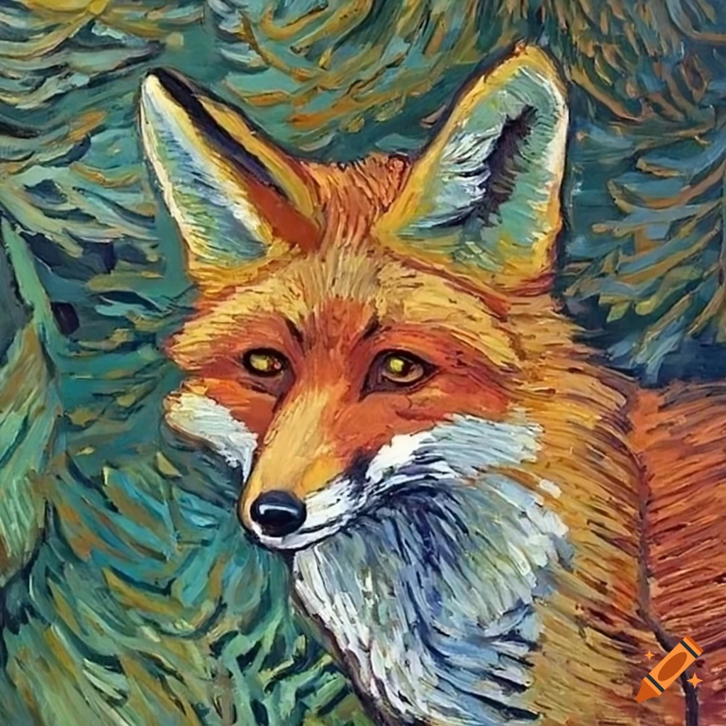 A fox in a forest. We can see the full fox. By Vincent Van Gogh on Craiyon
