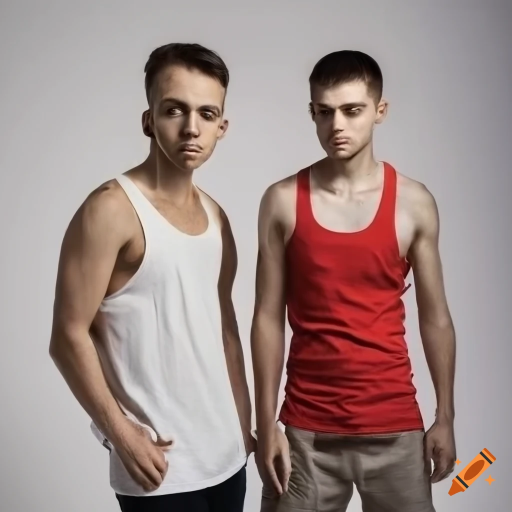 Close-up of two men in tank top with white background vintage style