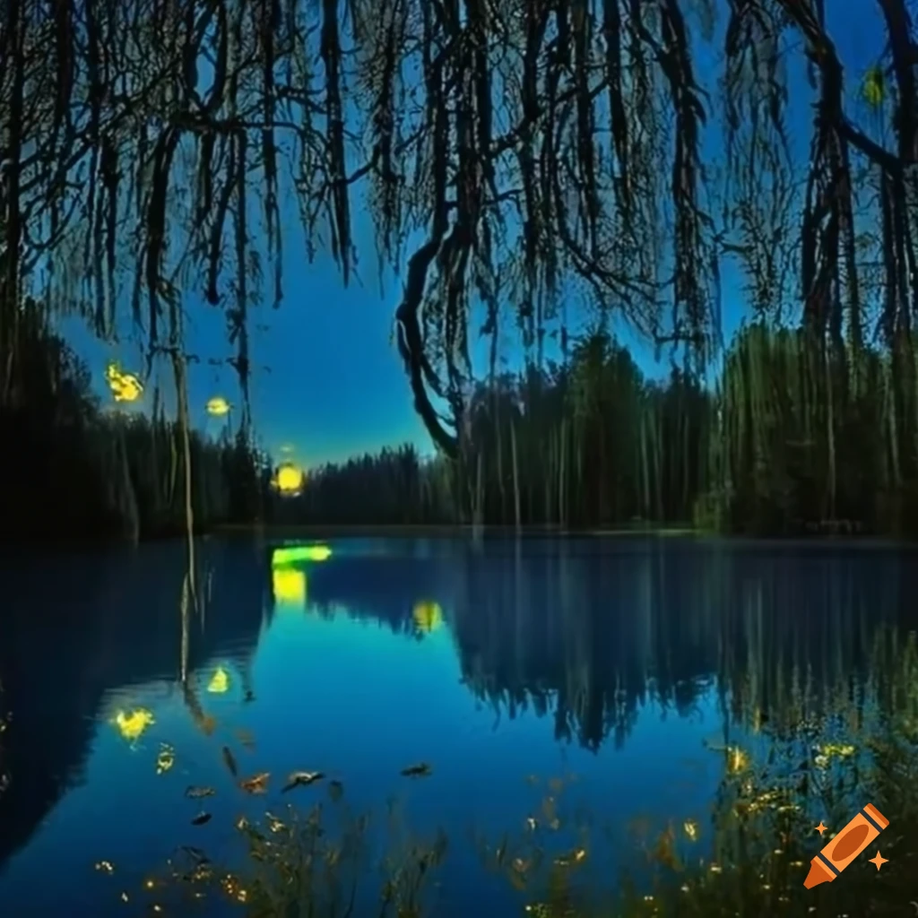 A blue lake at night under a weeping willow with fireflies and animals ...