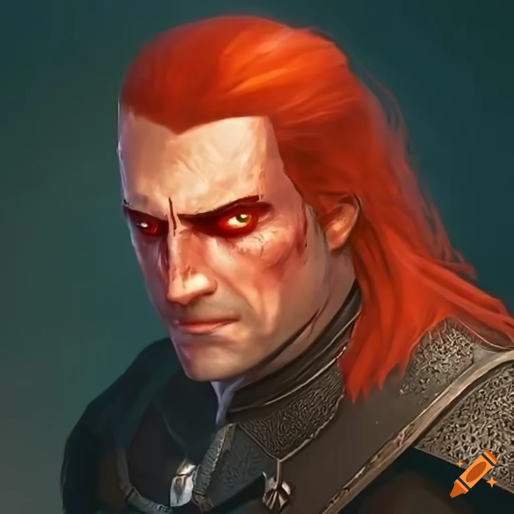 Geralt the Witcher with Red Hair, a Red Beard, Grey Eyes, and Pointed ...
