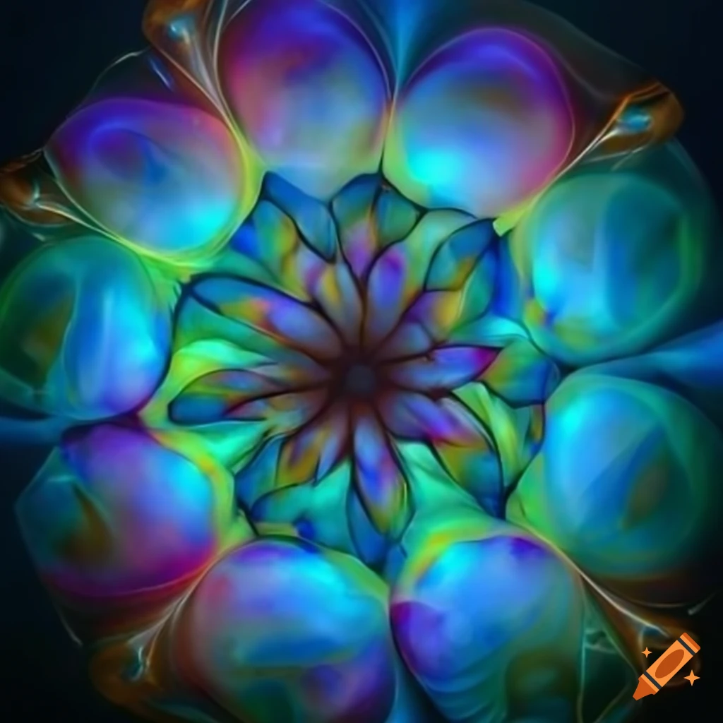 Opalescent geometric artwork featuring bugs and blooms