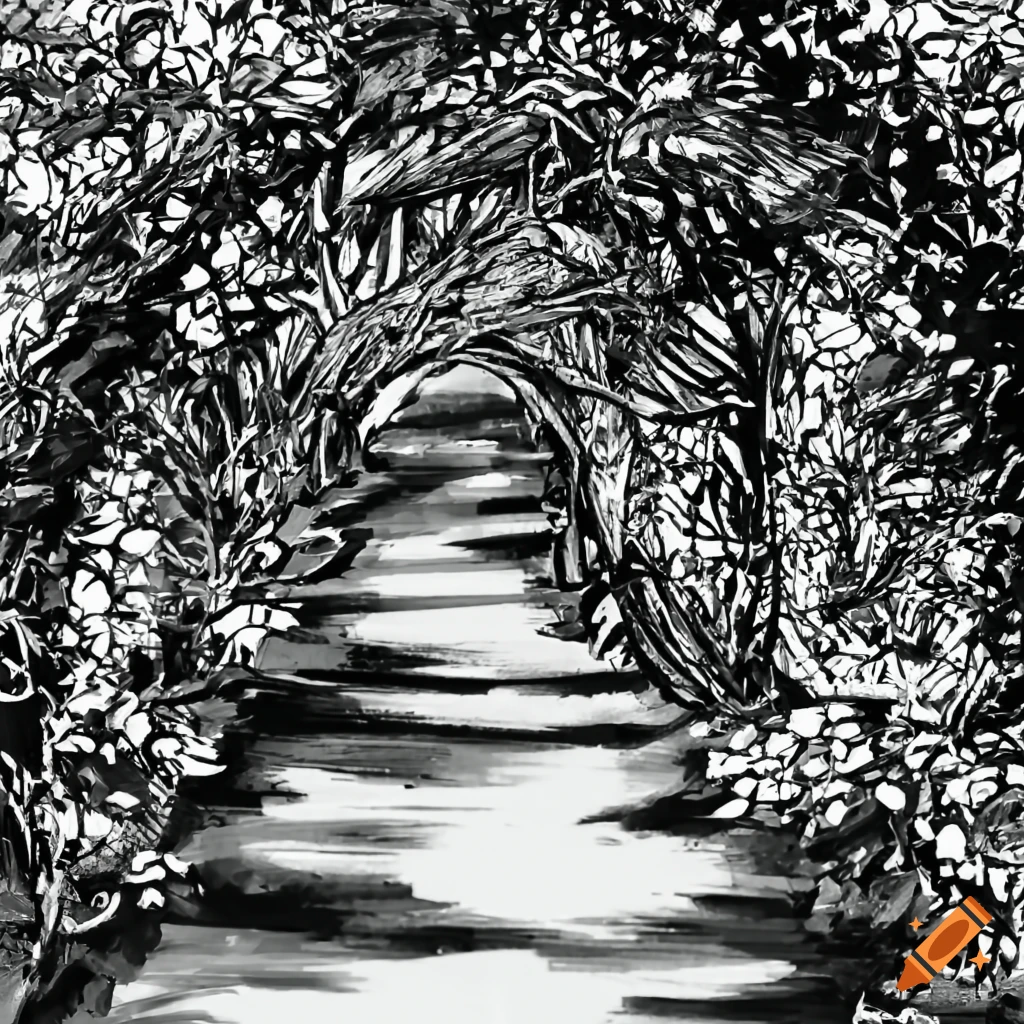 A black and white simple photo of a peaceful garden path, leafy arches