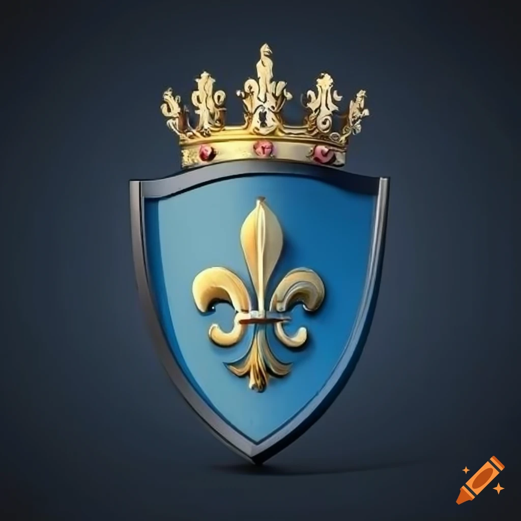 Blue Shield With White Fleur De Lis Pattern 3d Coat Of Arms With Lions As Supporters On