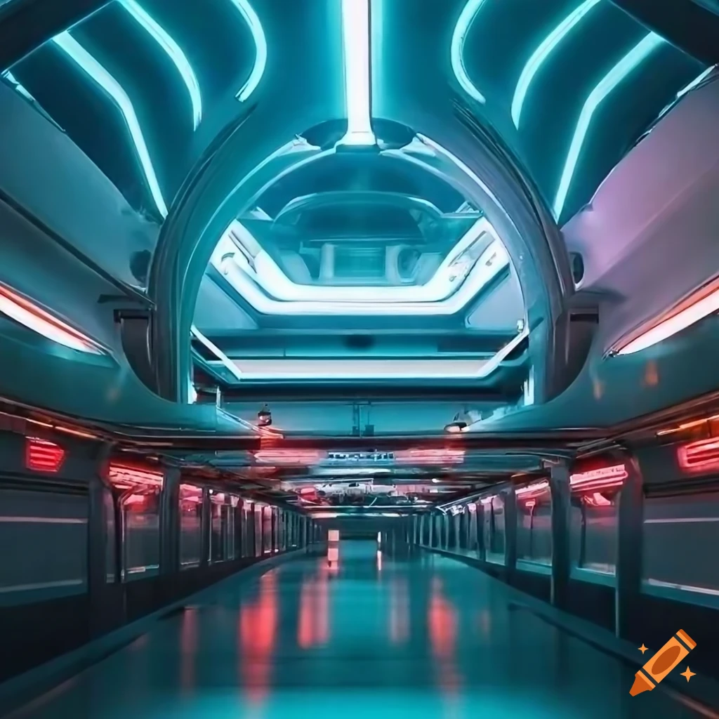 Indoor of a futurisic maglev monorail station. In a nightly ...