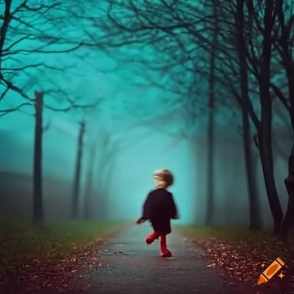 Cinematic scene of a child running outdoor in long shot