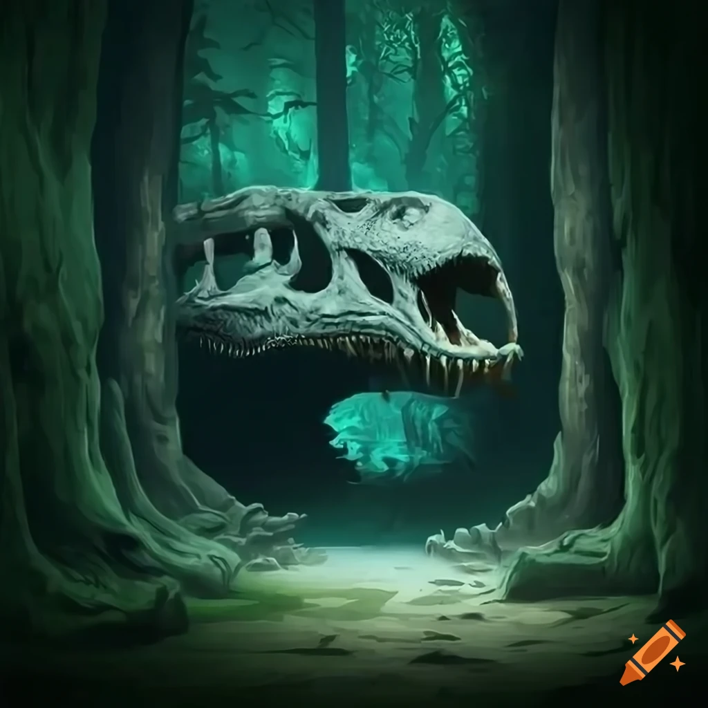 Cave entrance shaped like a tyrannosaurus rex skull surrounded by ...