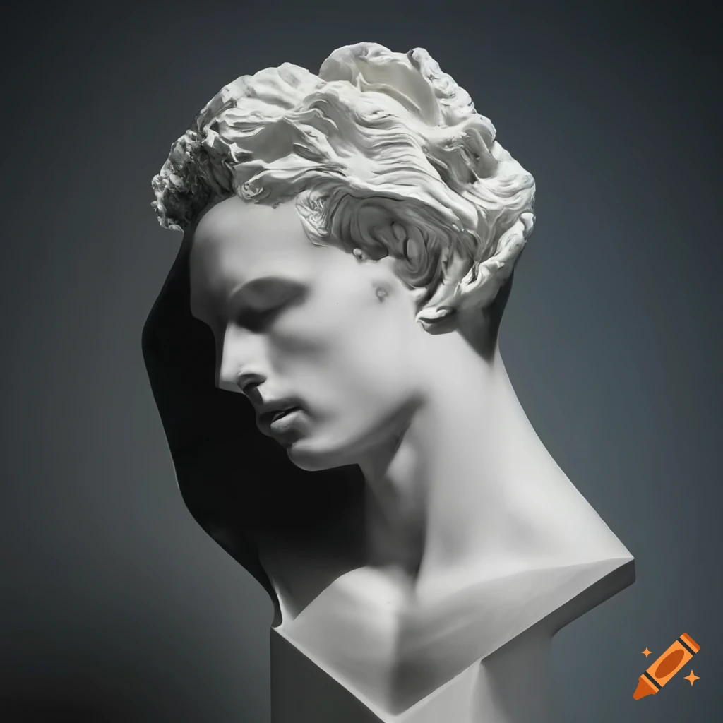 Surreal marble sculpture of a male face lost in the reverie of love and surrounded by iridescent ...