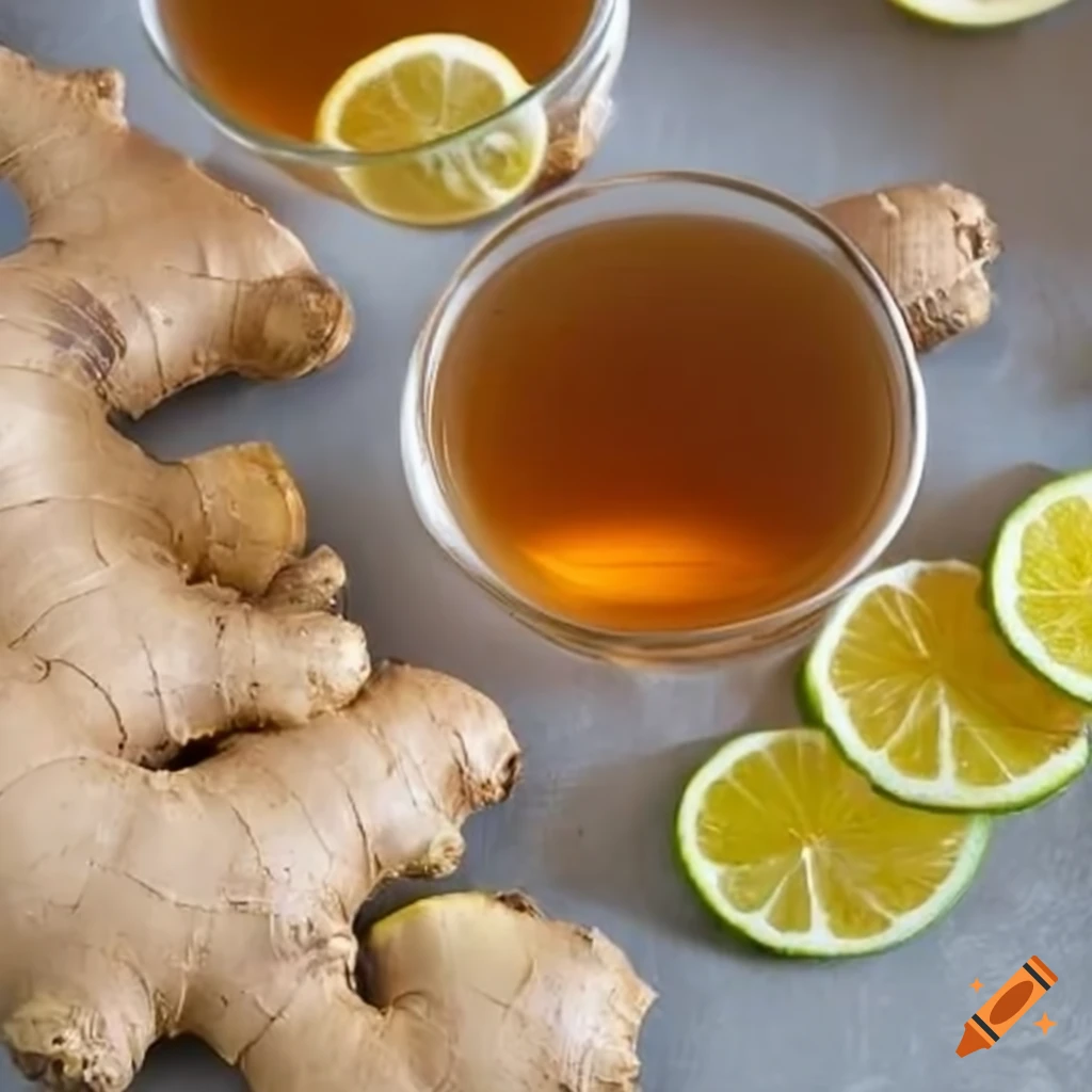 Sliced ginger along ginger tea on kitchen counter