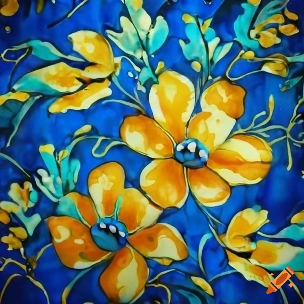 Blue yellow batik flowers