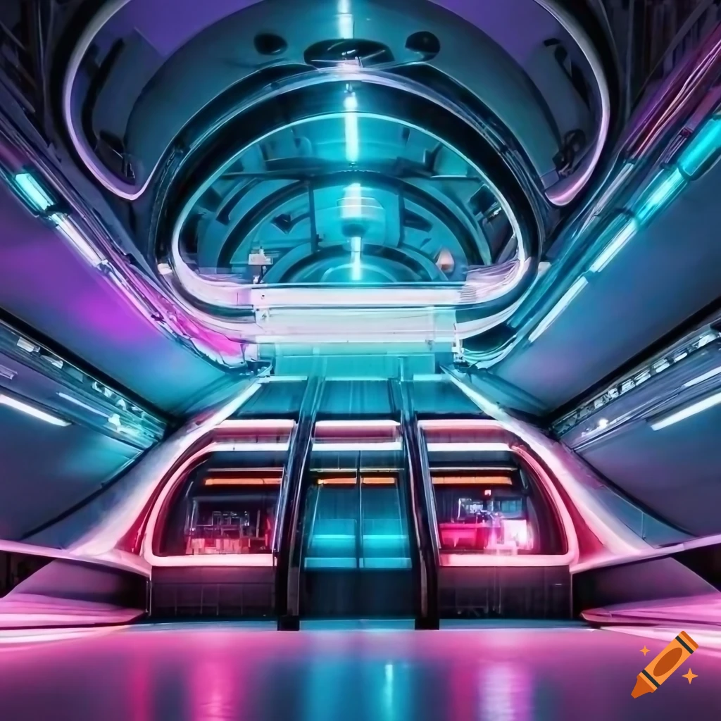 Indoor of a futurisic maglev monorail station. In a nightly ...