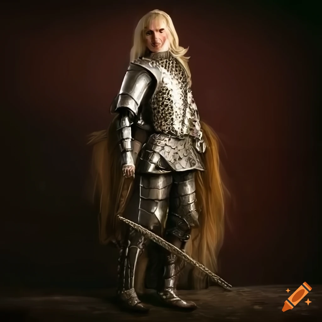 A blonde male half elf ranger knight dragon rider with mithril ...