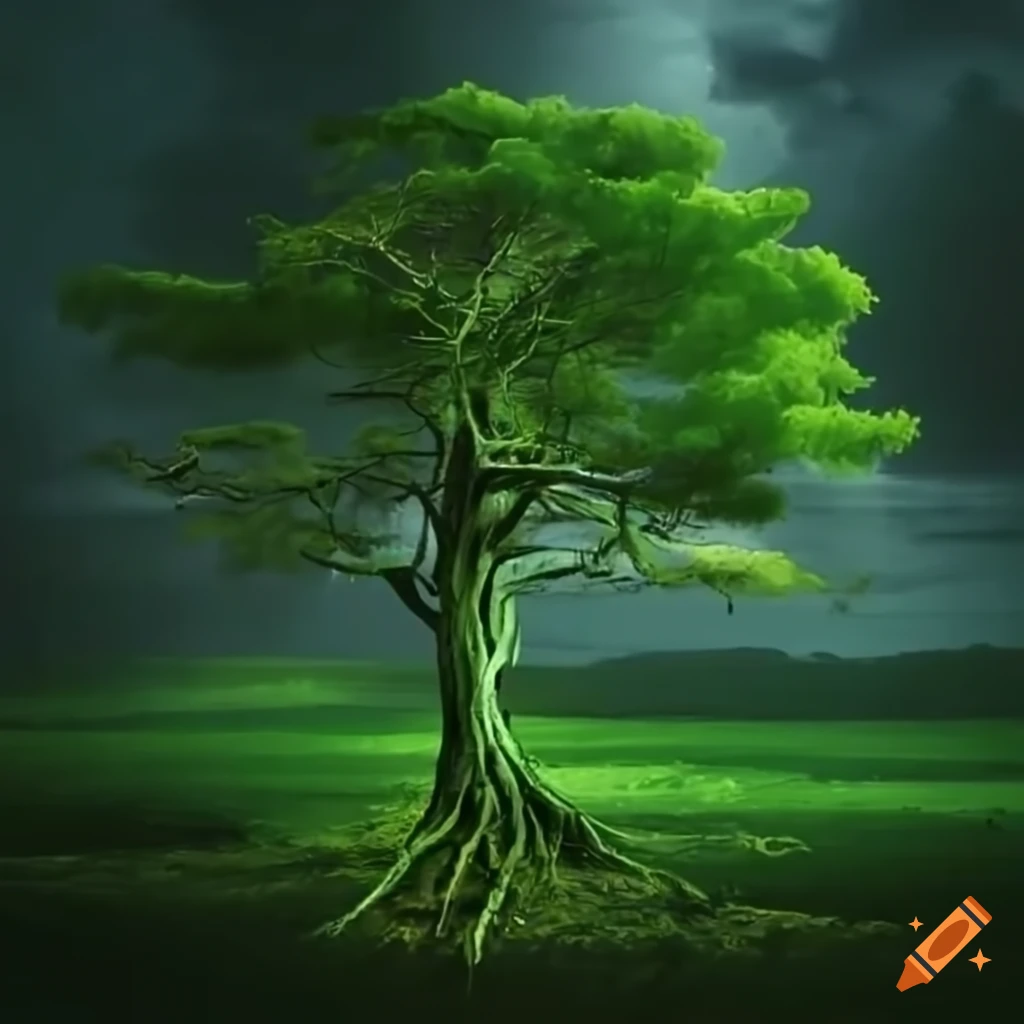 One green tree surrounded by dead trees on Craiyon