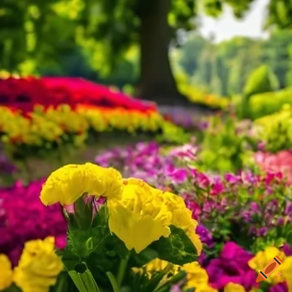 A blooming garden with vibrant flowers in the sunlight