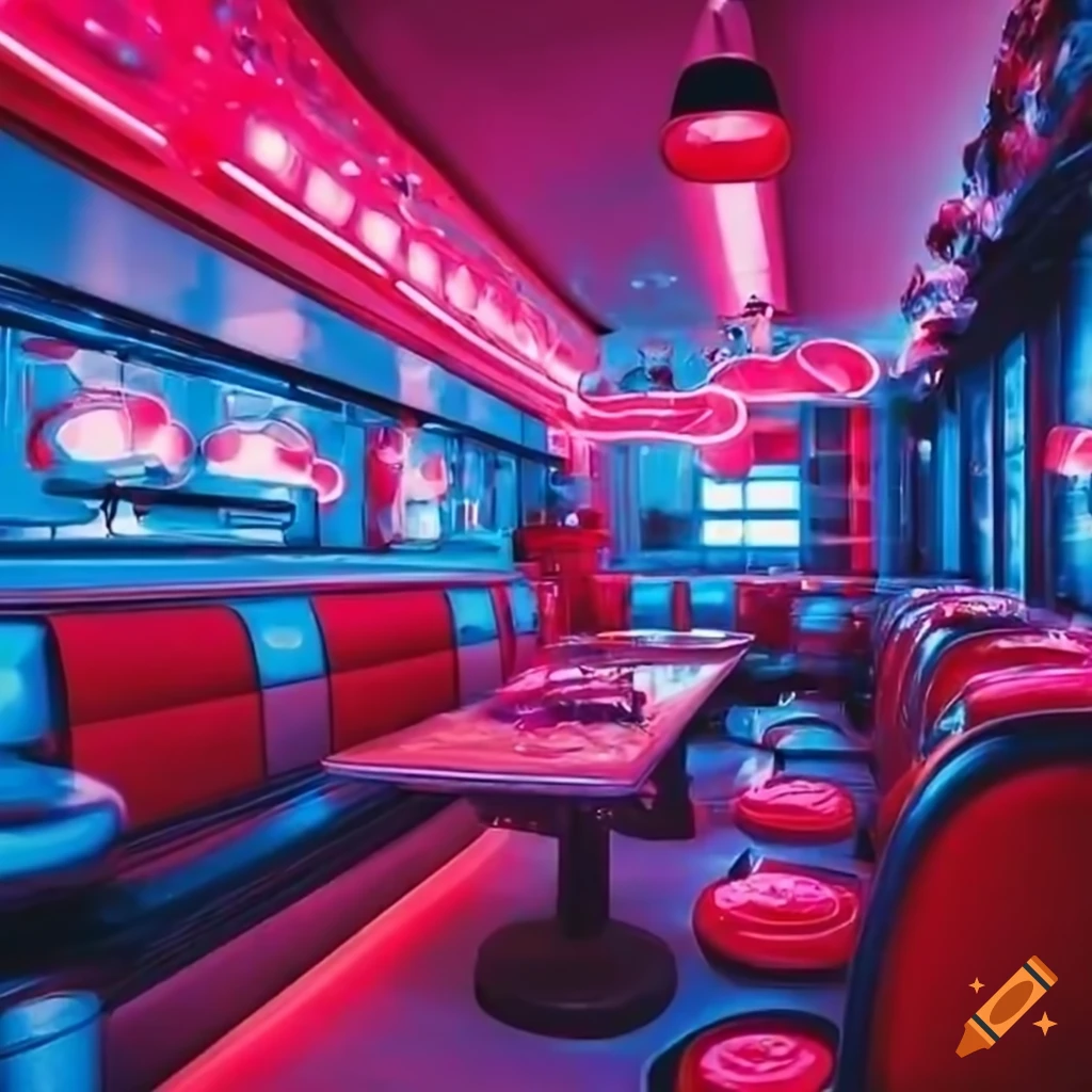 Inside of a retro diner with neon lights on Craiyon
