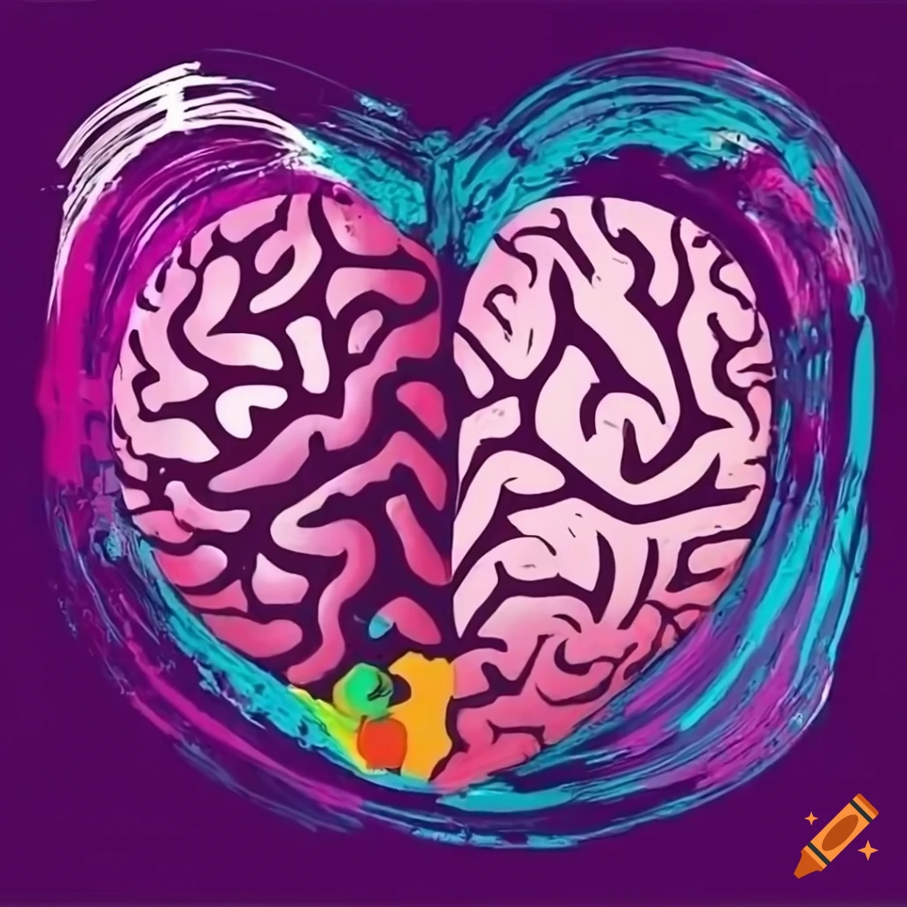 A dark purple overlapping heart and brain surrounded by little white ...