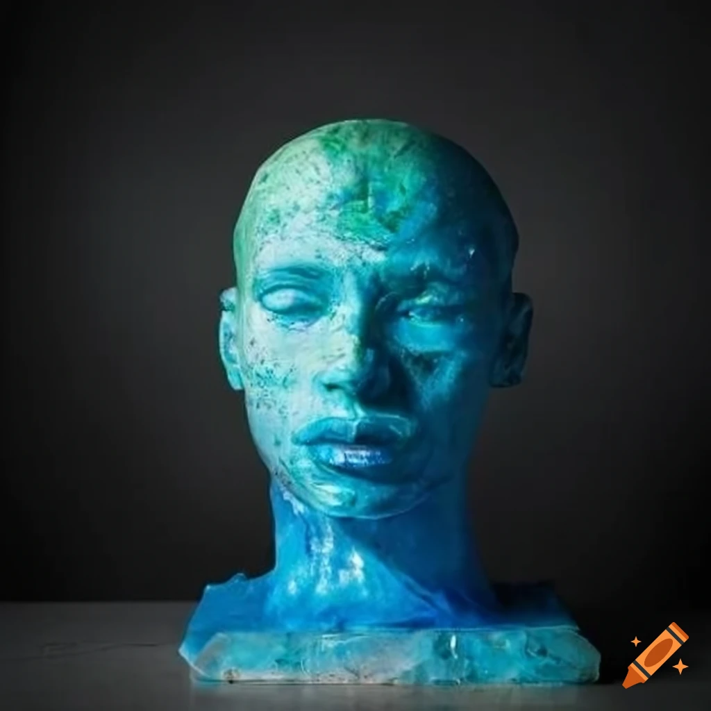 Marble sculpture of a latino male human face surrounded by splashing iridescent water and pthalo ...