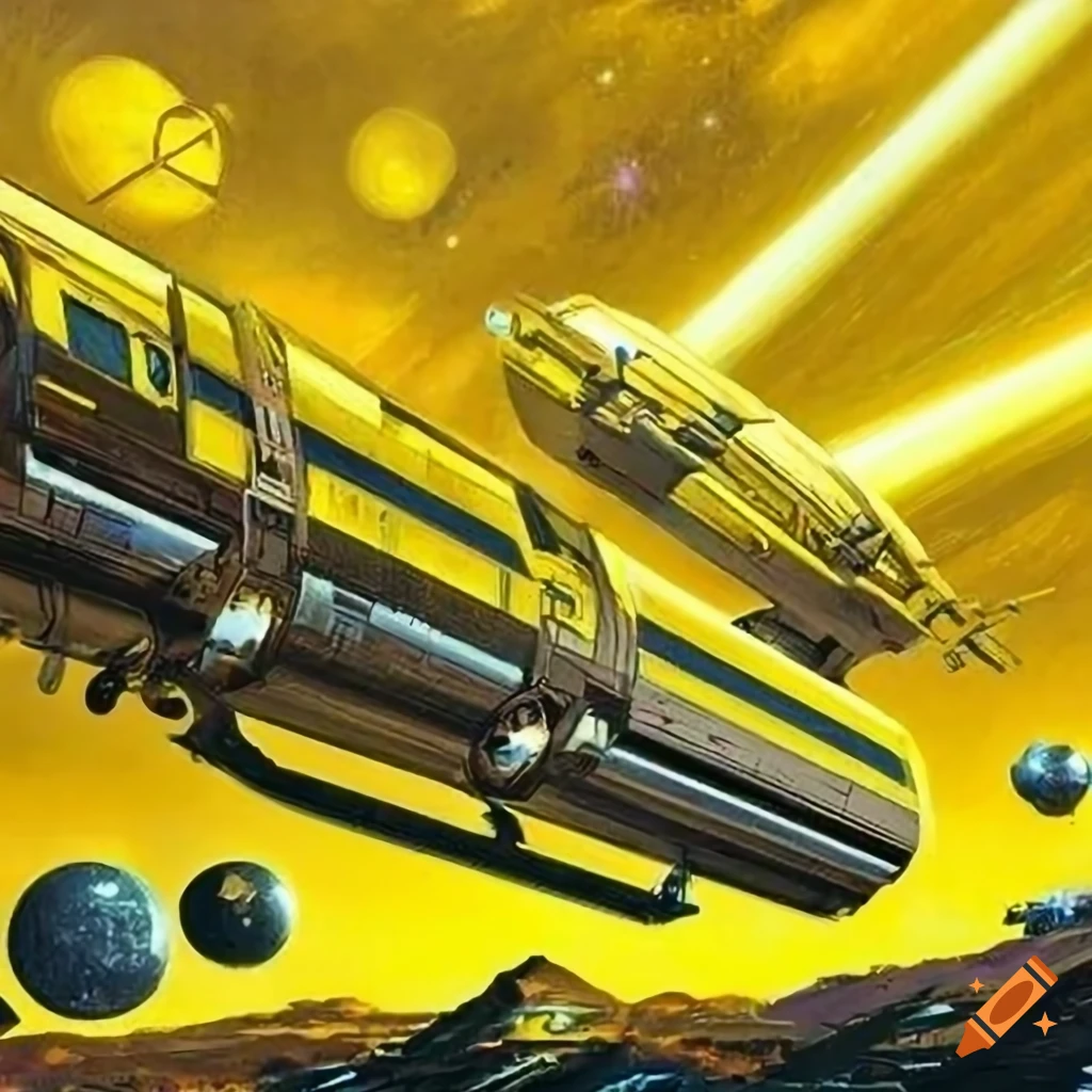 70s sci fi train yellow art on Craiyon