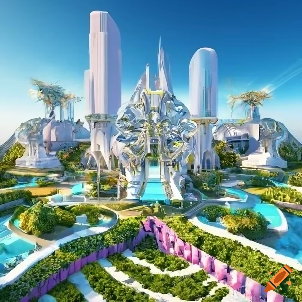 Fantasy, partial aerial view, giant crystal boulevard with gardens and ...