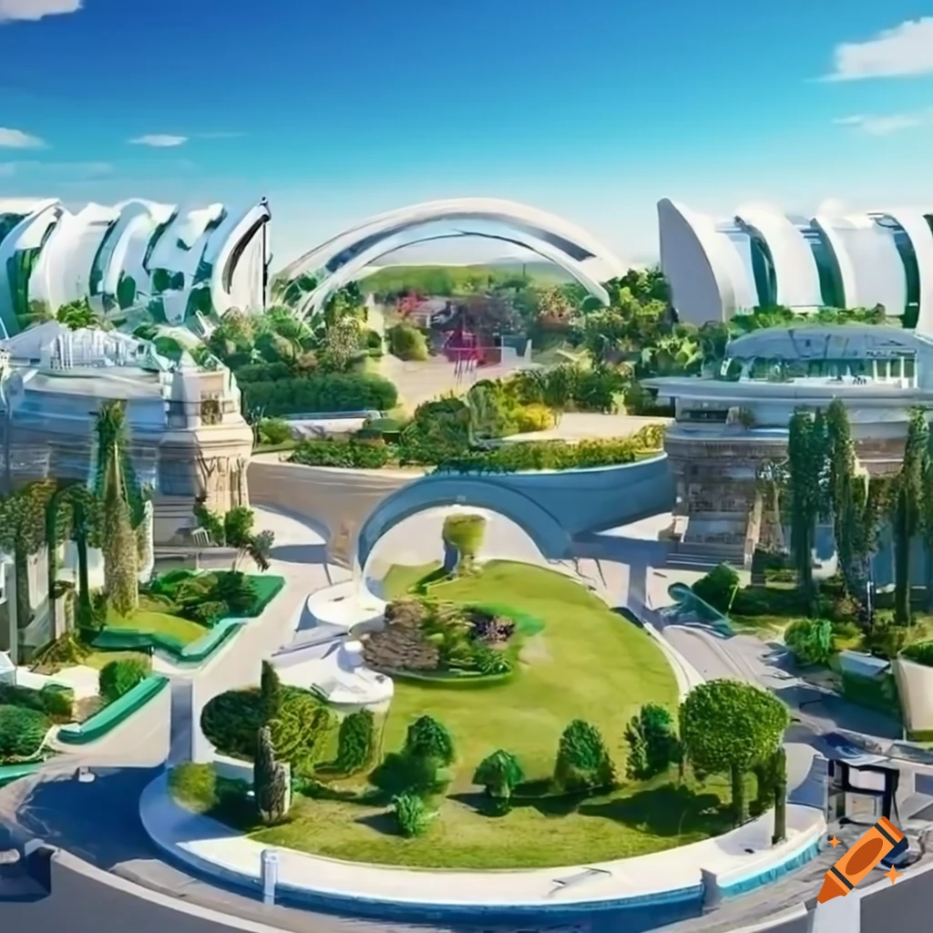 Fantasy, partial aerial view, giant crystal boulevard with gardens and ...