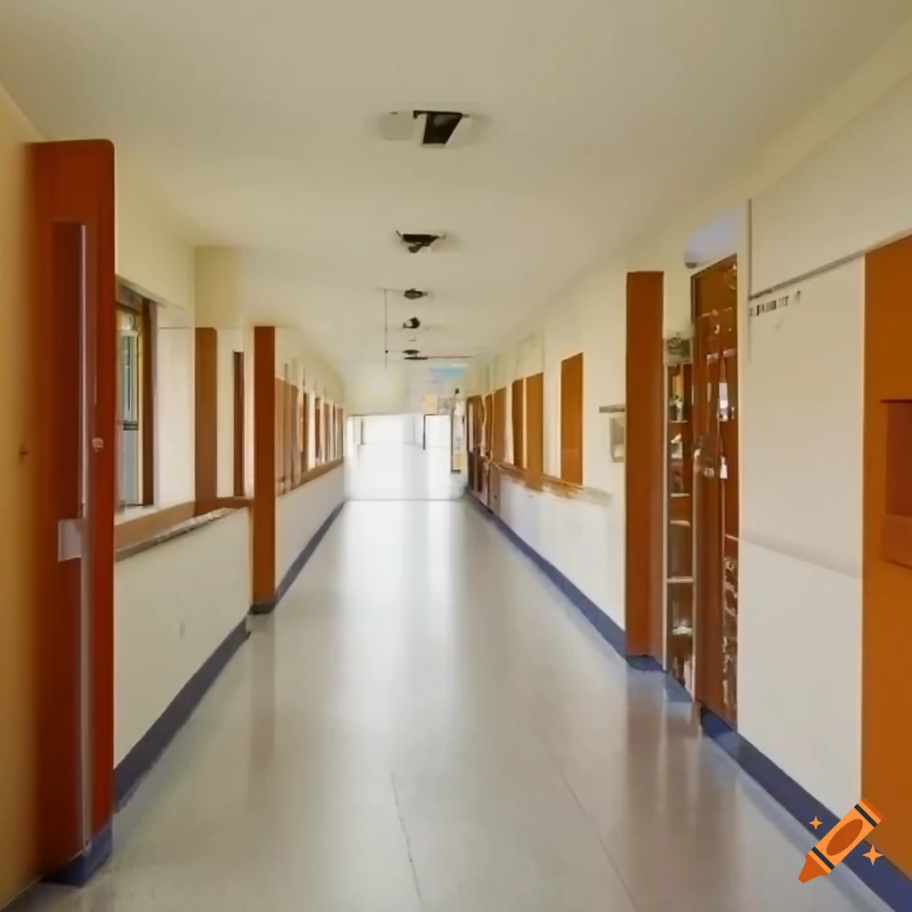 A school corridor with 6 classrooms on the right and a hall in the ...