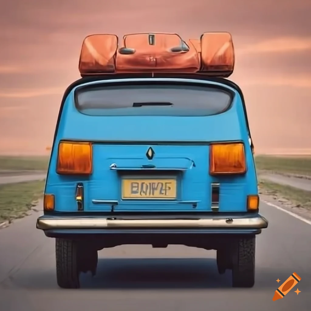 The back of a blue renault 4l car with luggage on the roof, driving on ...